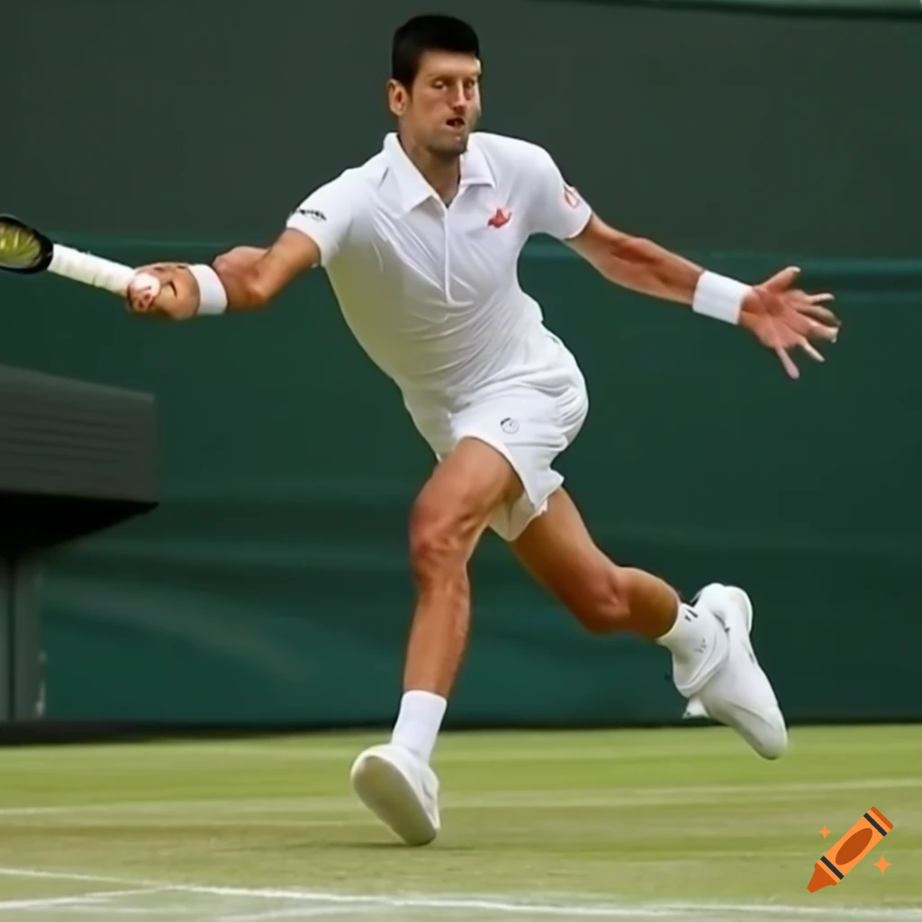 Djokovic hitting a forehand shot with flexibility at wimbledon on Craiyon