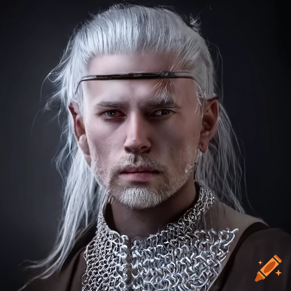 Male human cleric with white hair in chain mail holding a saber on Craiyon