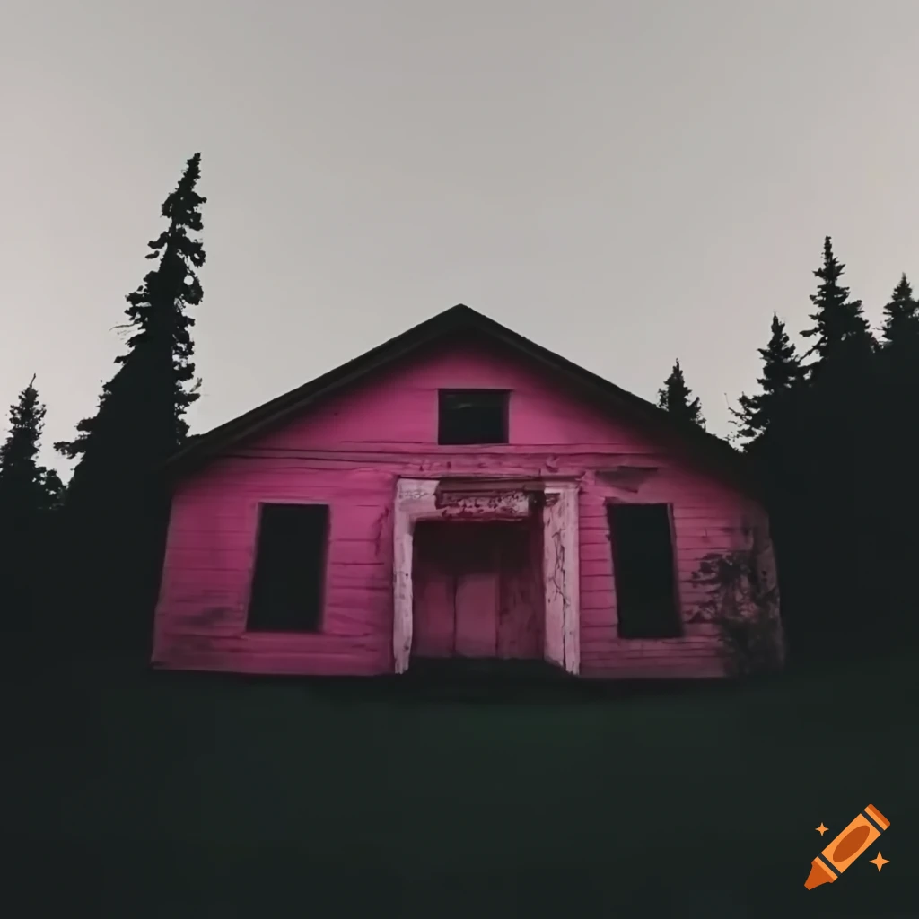 Creepy charred pink house on a hill under a yellow sky on Craiyon