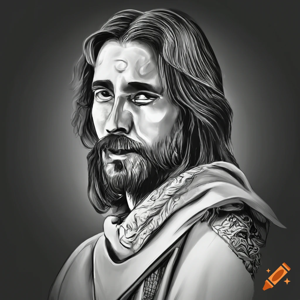 Handsome medieval man depicted in a realistic monochrome line drawing ...