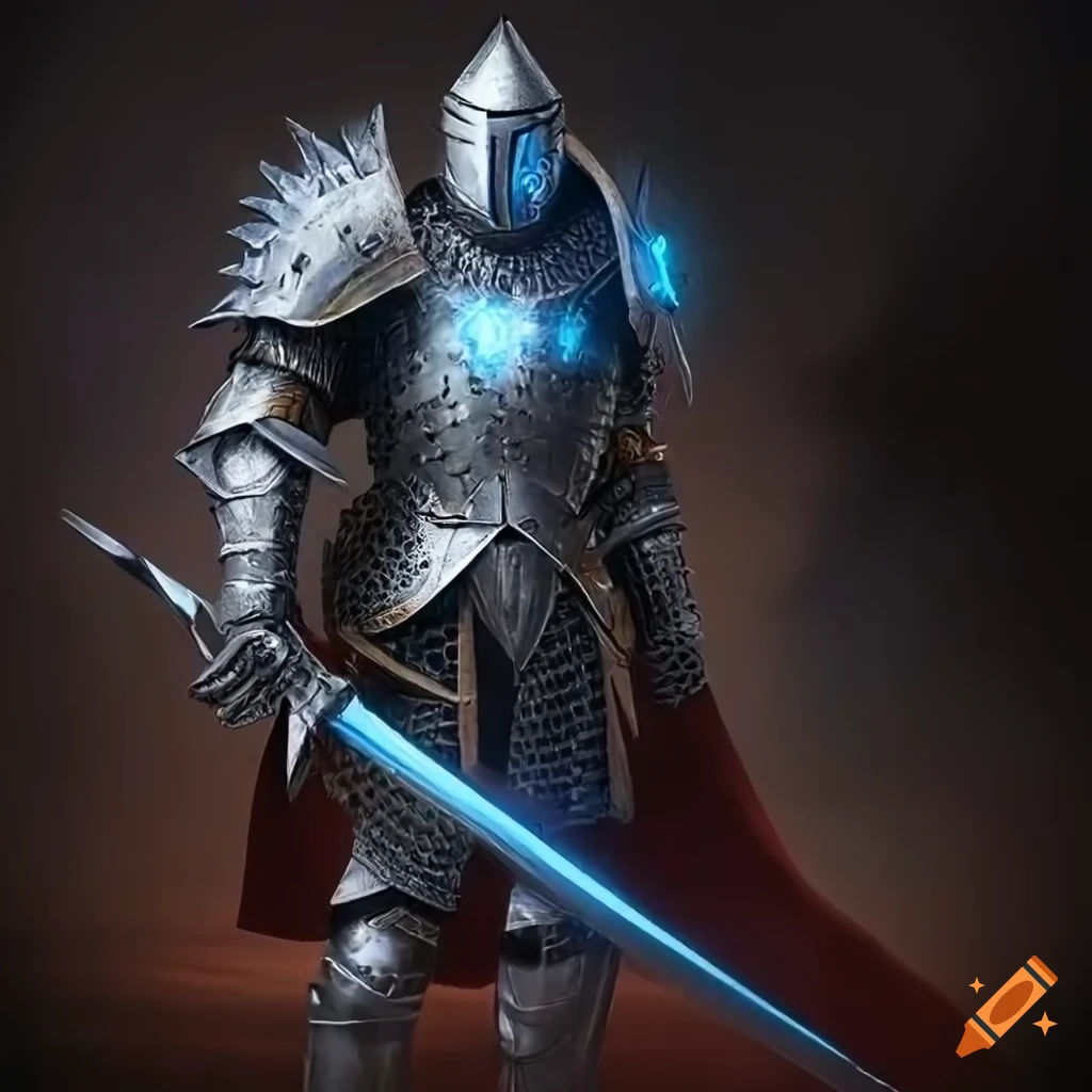 Photorealistic knight guardian in spiked plate armor with glowing blue eyes on Craiyon