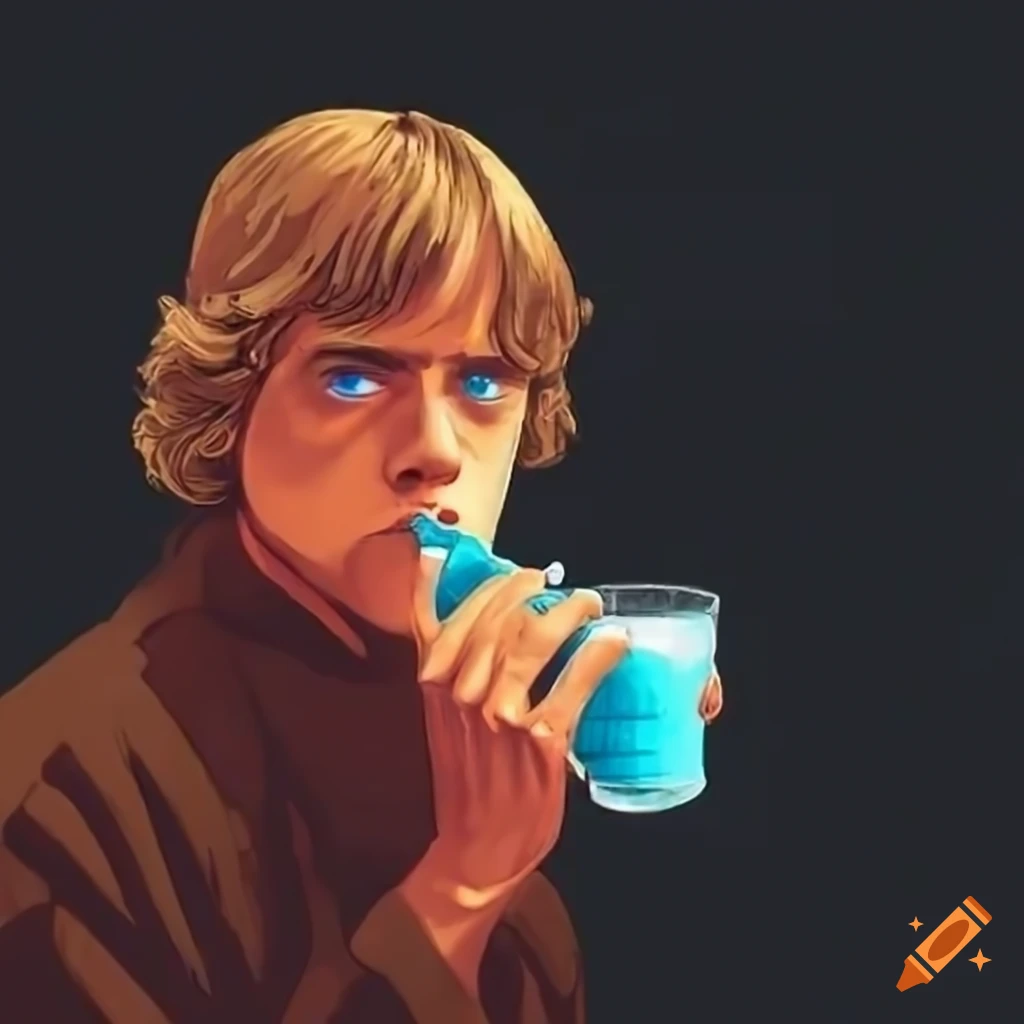 Luke Skywalker drinking blue milk in a cinematic Star Wars scene on Craiyon