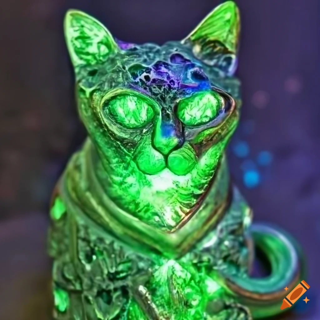 Glowing green kryptonite crystal cat in a natural cave on Craiyon