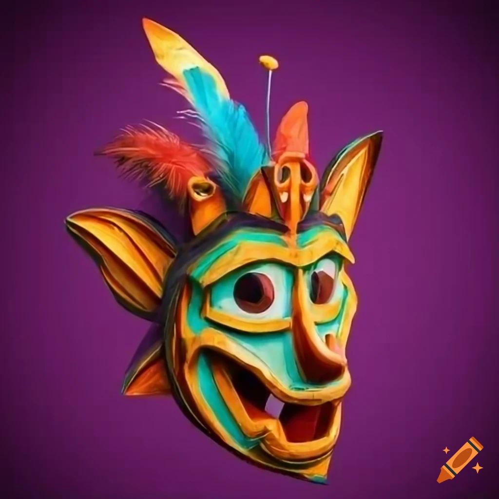 Vibrant Sumarian wooden mask with feather crown in contemporary crash ...