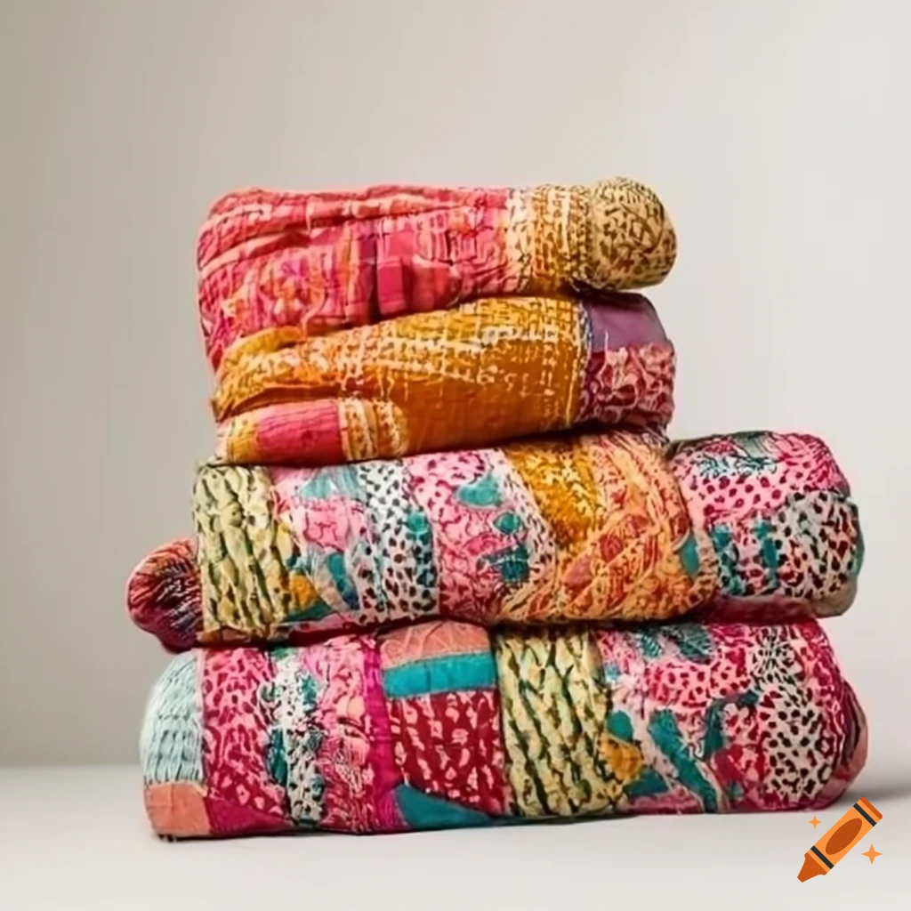 Handmade kantha patchwork quilt stack on Craiyon