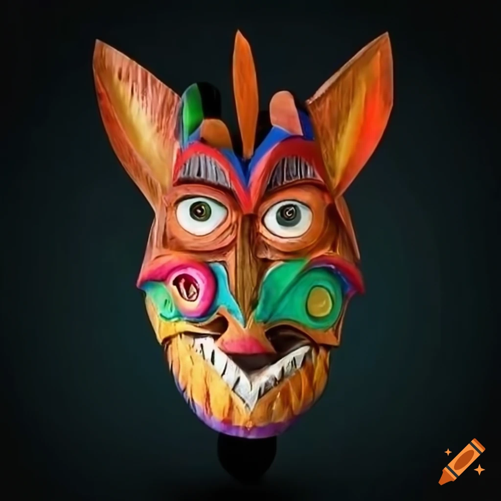 Vibrant sumarian wooden mask with bold colors and symbolic feather ...