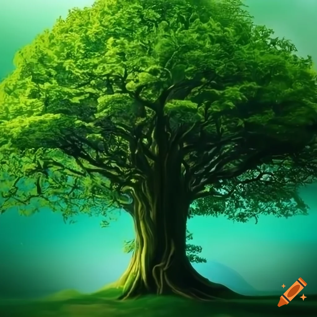Ancient green tree with a spiritual aura on Craiyon