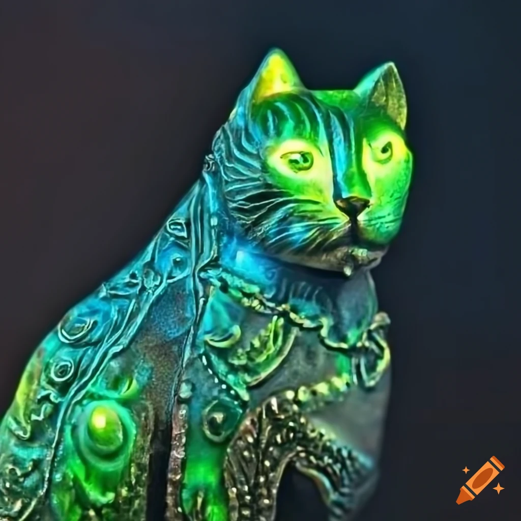 Glowing green kryptonite crystal cat in a natural cave with tribal ...