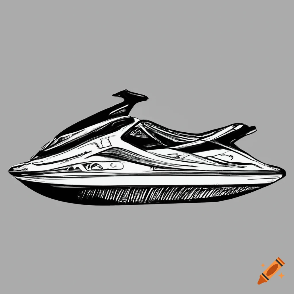 Jet ski side view technical drawing in black and white on Craiyon