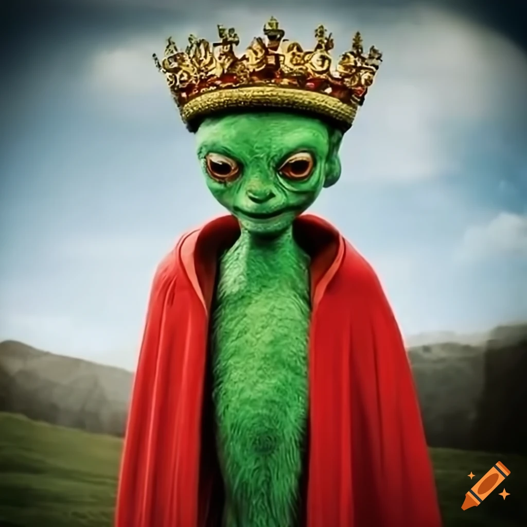 Jolly green giant alien king standing on castle looking at sheep with crown and red cape on Craiyon