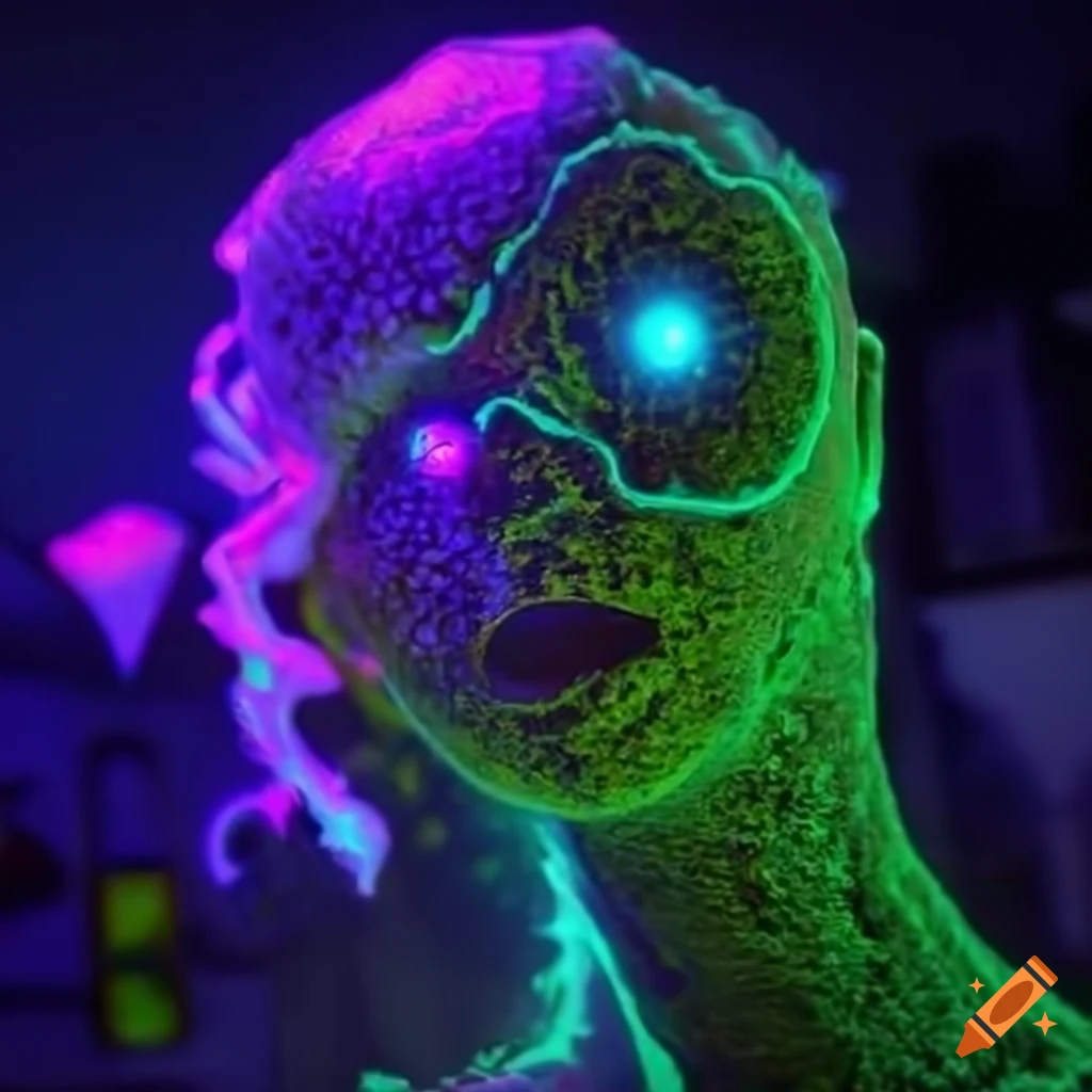 Glowing biopunk cityscape with green moss, plants, and mutated cyborg ...