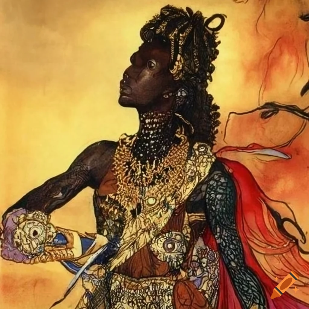 African hero in intricate attire with a bare chest inspired by Edmund ...