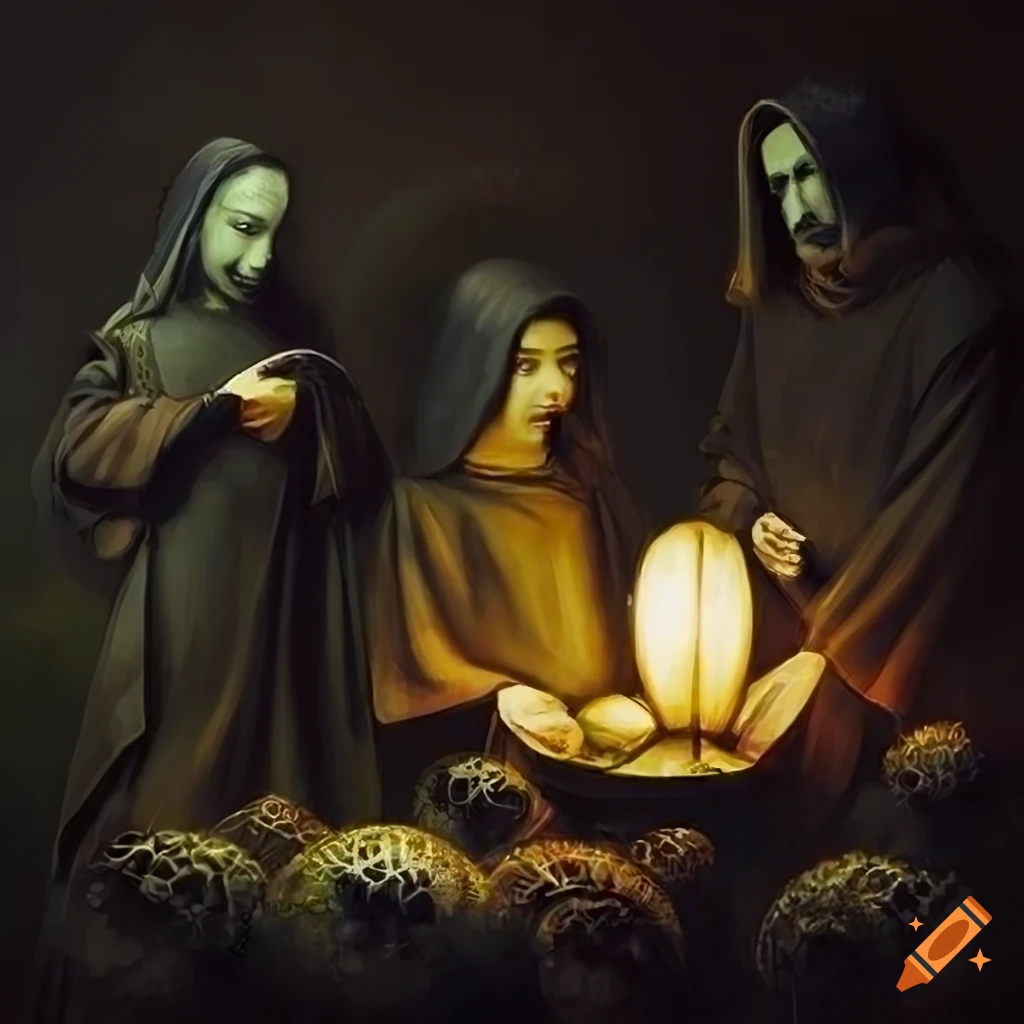 Musical priests playing turtle-shell ouds in a dark surreal setting by ...