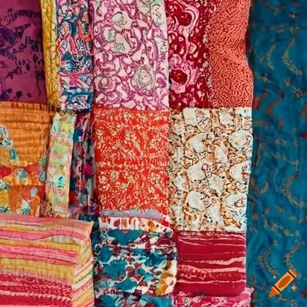 Handmade stack of kantha patchwork quilts on Craiyon