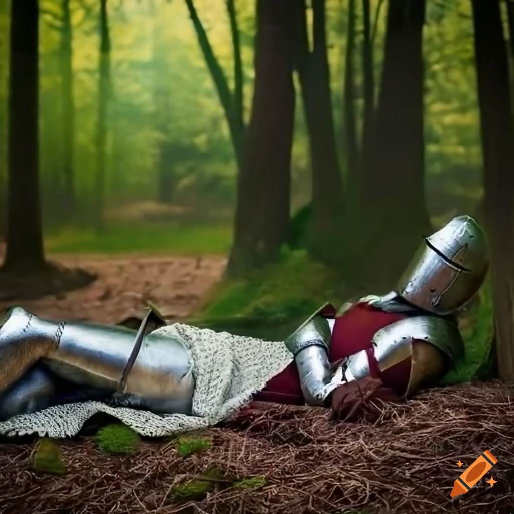 Medieval knight sleeping in a peaceful forest on Craiyon
