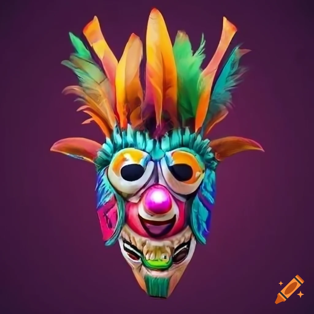 Vibrant Sumarian wooden mask with feather crown in contemporary ...