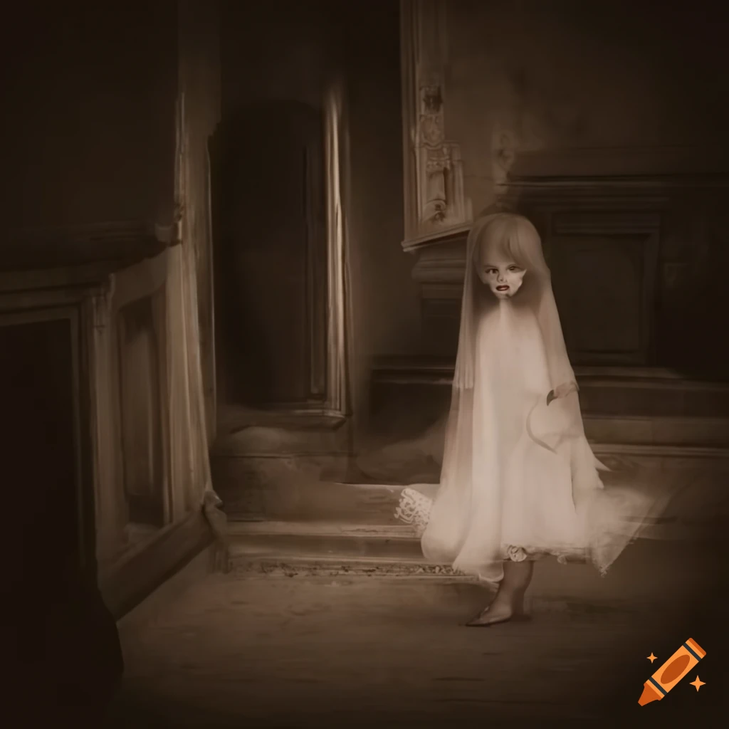 Spooky scene of ghosts with a child in an old mansion in sepia tones on ...