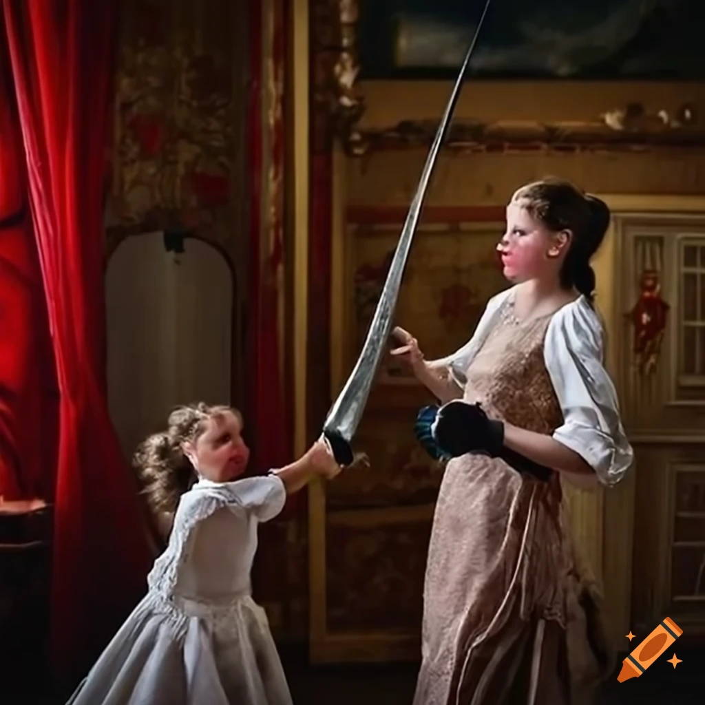 Mother sword fighting with daughters in a vintage room on Craiyon