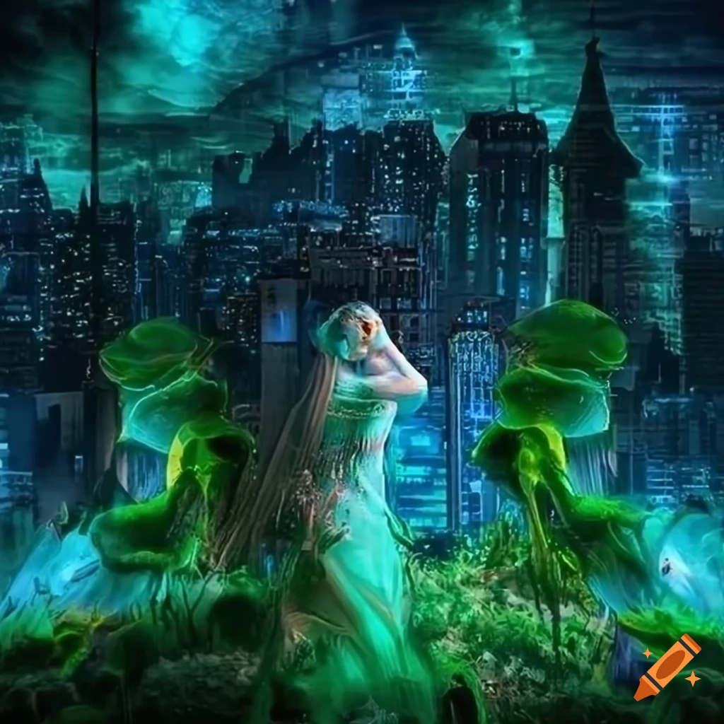 Glowing biopunk cityscape with plants, mushrooms, and mythical creature ... Glowing biopunk cityscape with plants, mushrooms, and mythical creature ...