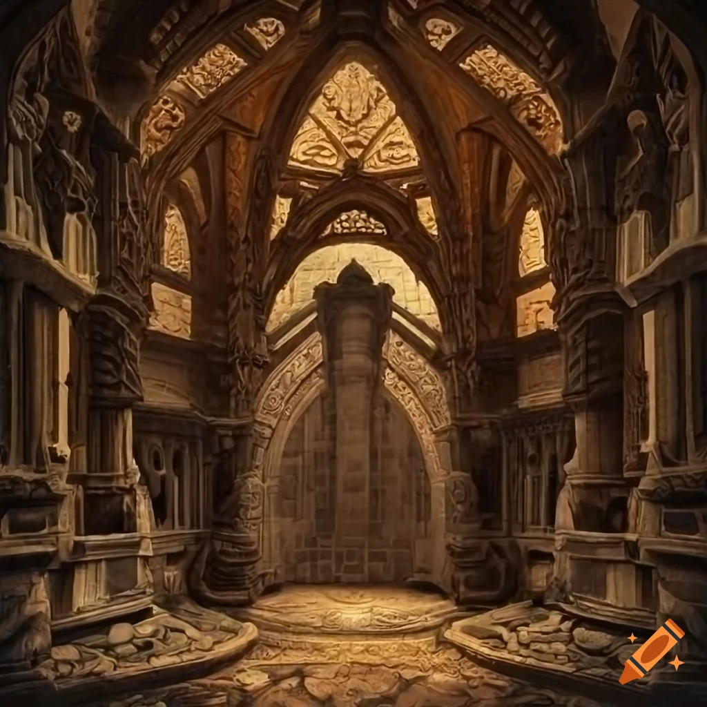 Atrium with fine dwarven stonework intricately carved on Craiyon