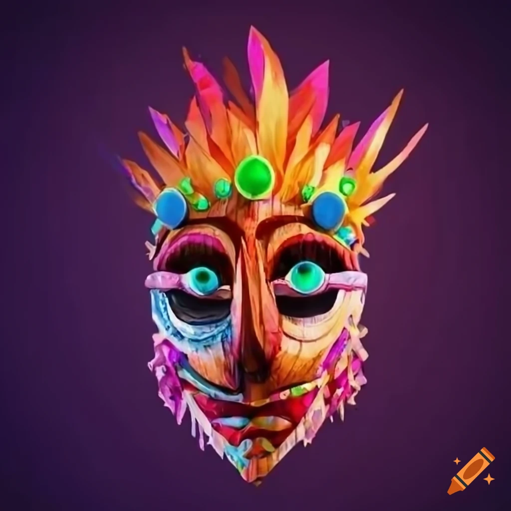 Vibrant sumarian wooden mask with feather crown in crash bandicoot ...