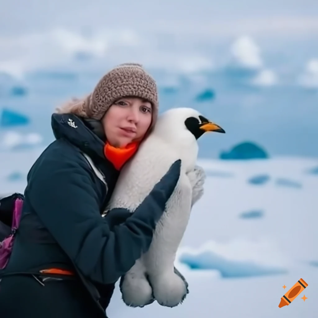 Woman holding a stuffed animal penguin in antarctica on Craiyon
