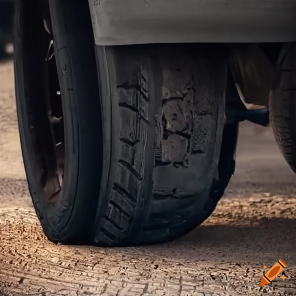 Deflated truck tire on a dusty road in an artistic style on Craiyon