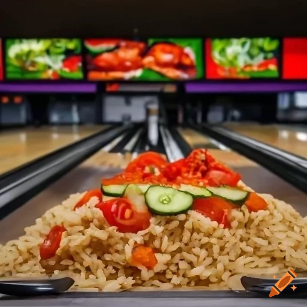 Unique bowling alley made of rice with chicken, tomato, and cucumber ...