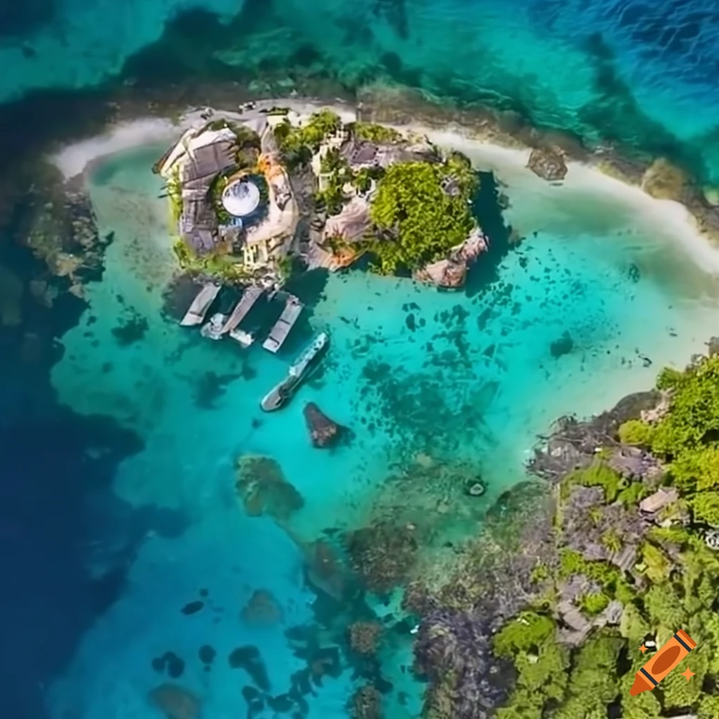 Top view of a pirate town in a caribbean archipelago on Craiyon