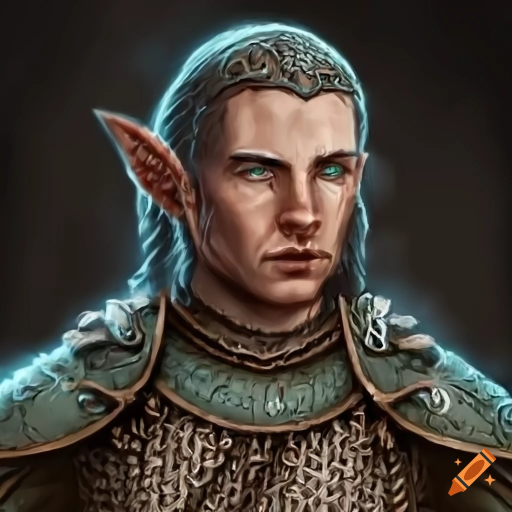 Male elven artificer forging magical items in chainmail armor on Craiyon