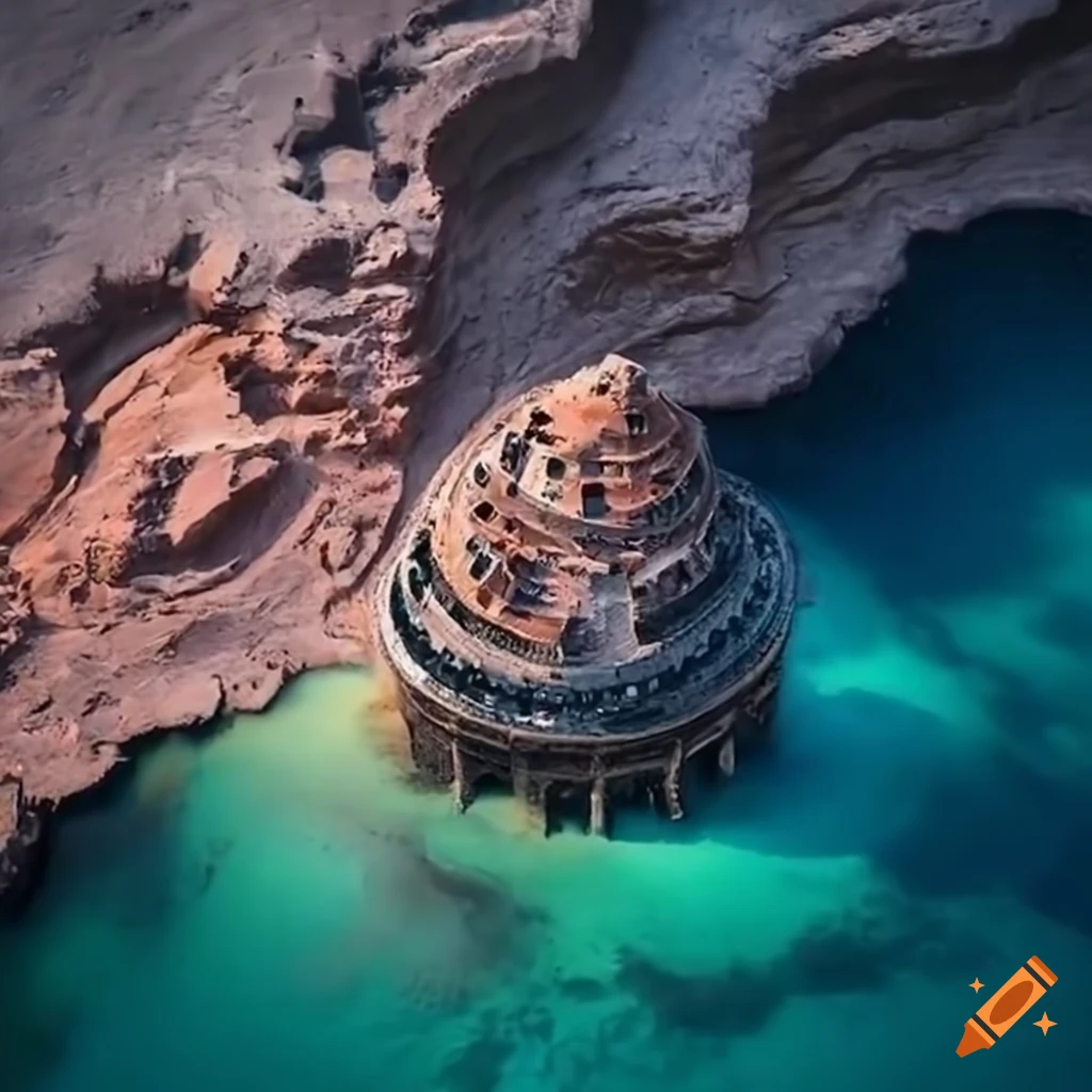 City inside a dormant caldera surrounded by ocean on Craiyon