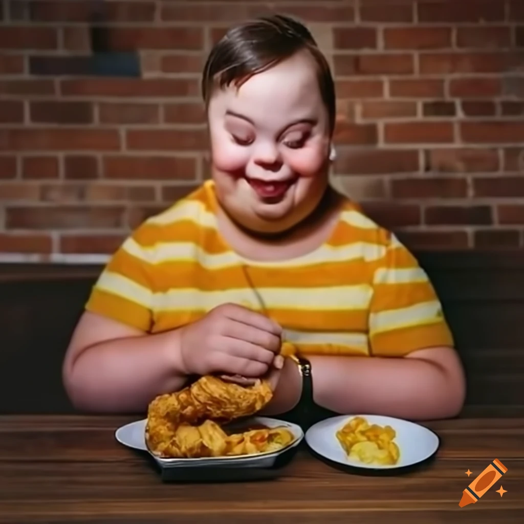 Person with Down syndrome having a meal of chicken and chips on Craiyon