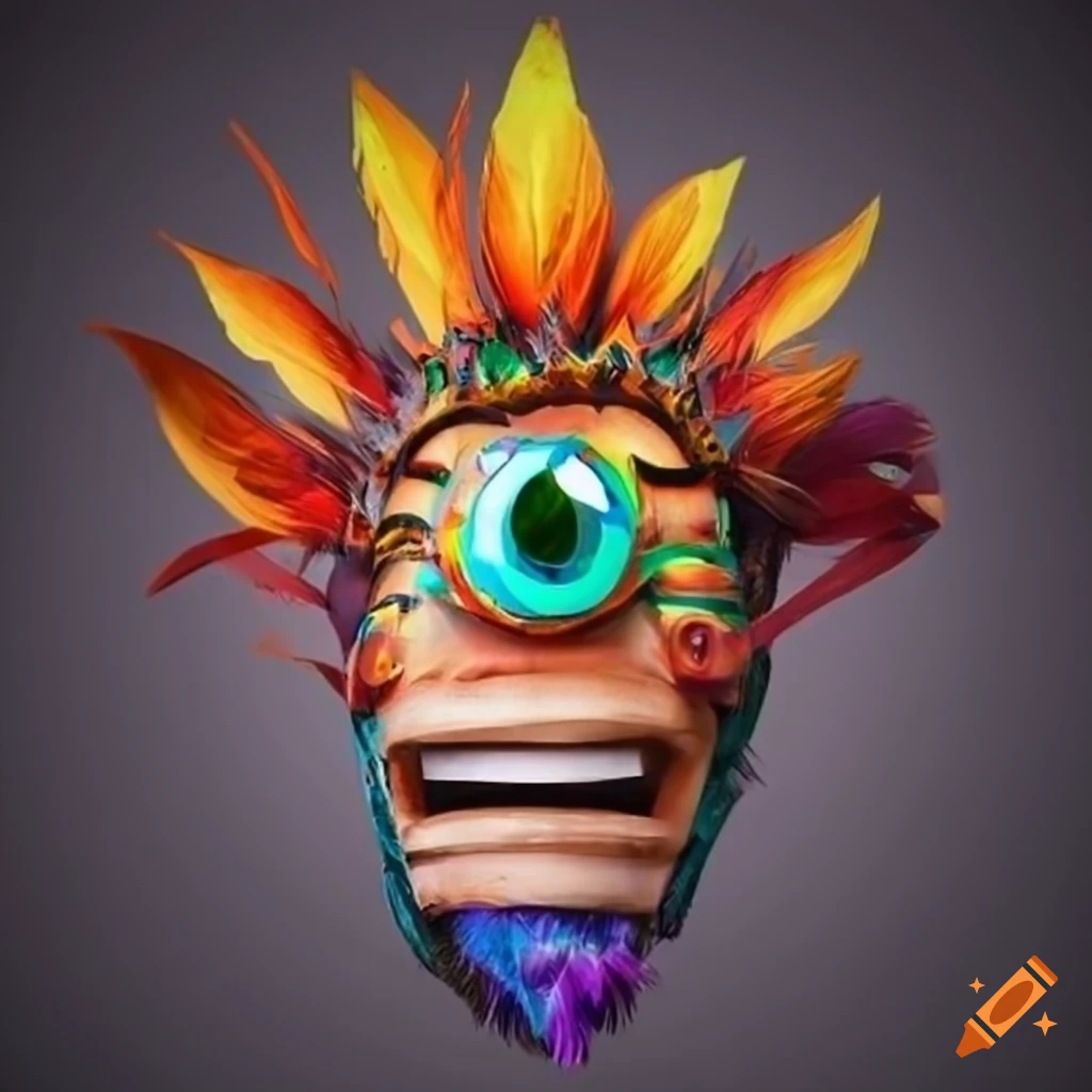 Vibrant sumerian wooden mask with feather crown in contemporary crash ...