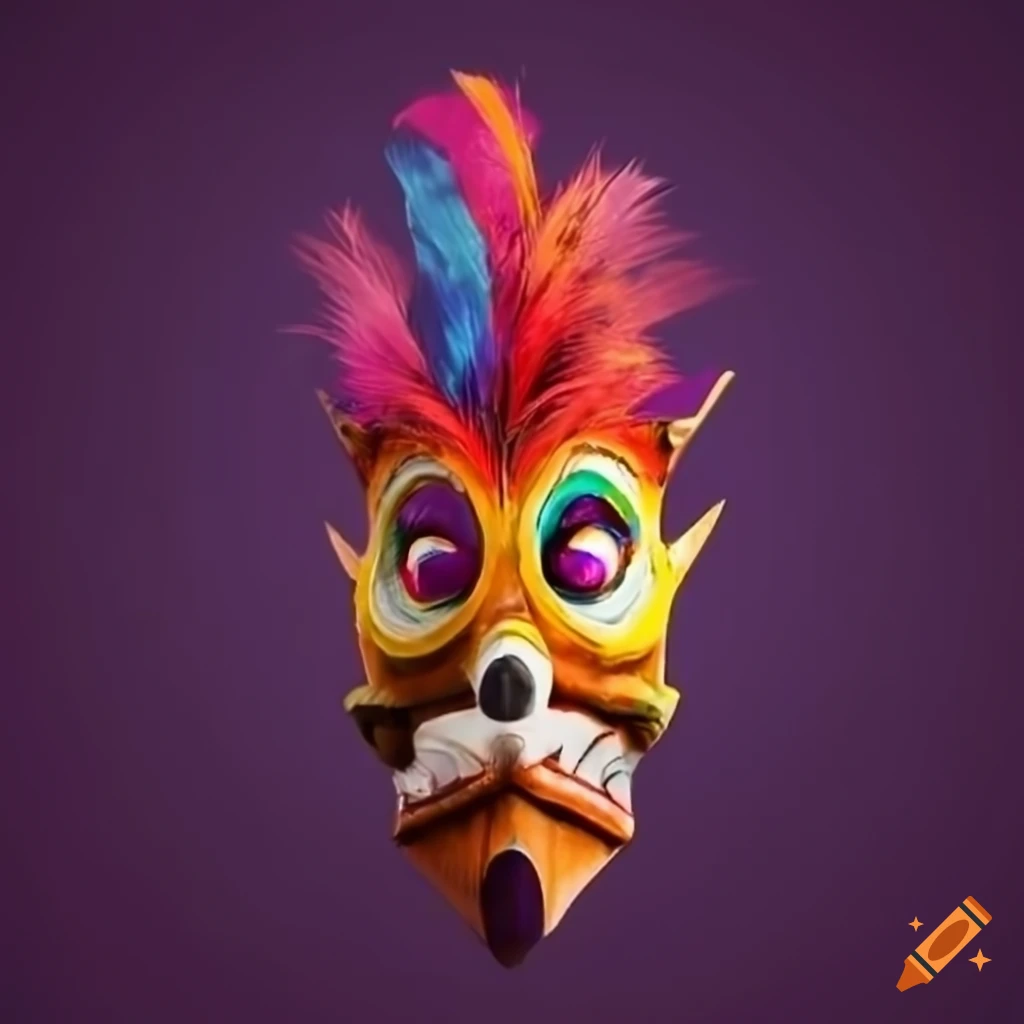 Vibrant and intricate wooden Sumarian mask with feather crown in a ...