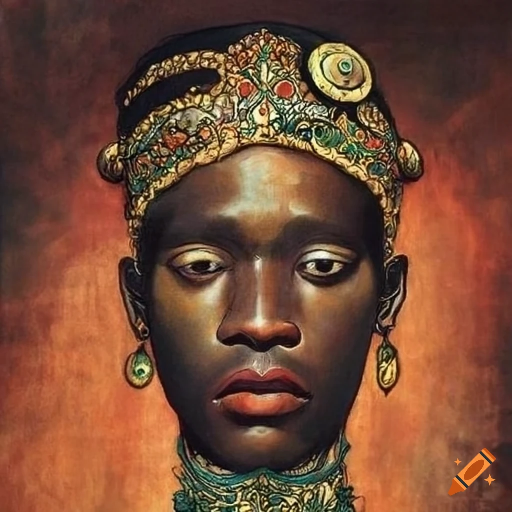 African hero in intricate attire with a bare chest inspired by edmund ...