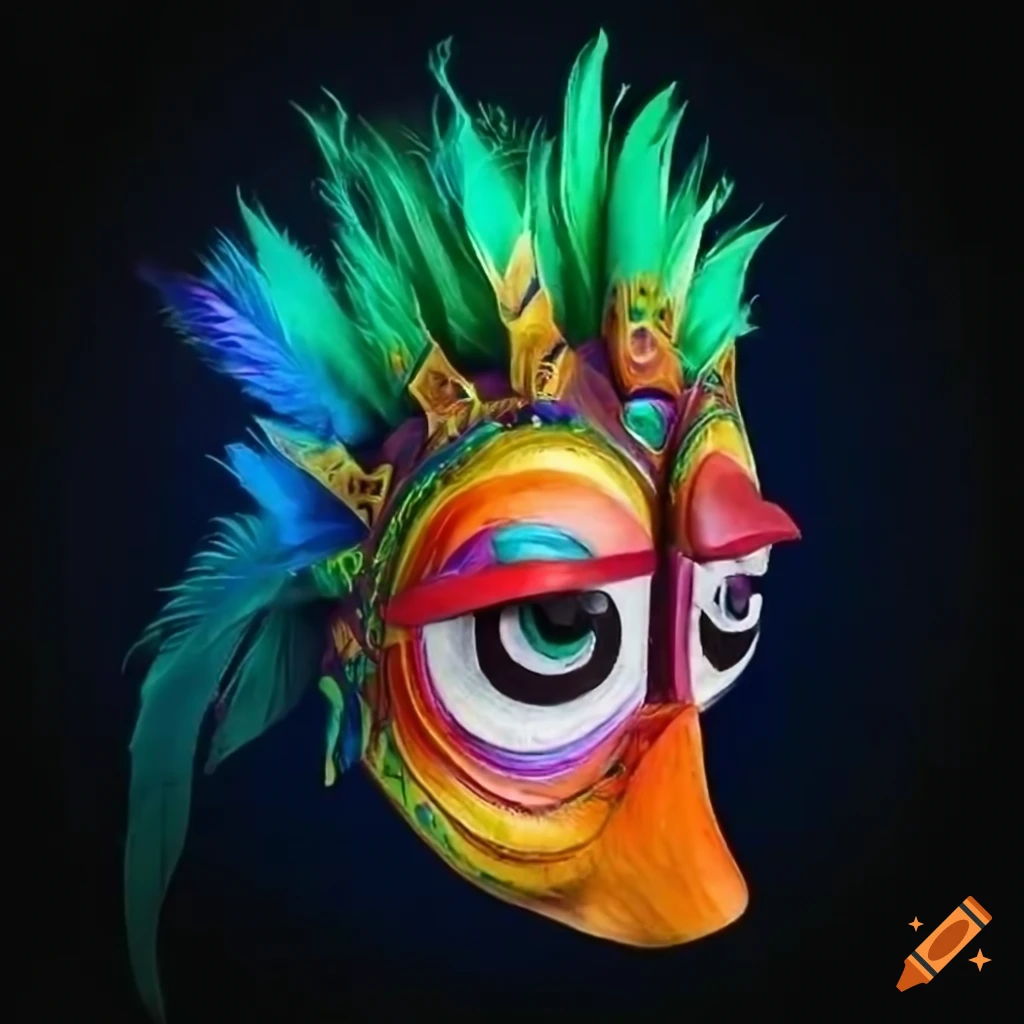 Vibrant sumarian wooden mask with feather crown in contemporary crash ...