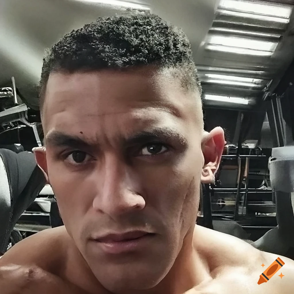 Strong ethnic bodybuilder with rugged caveman face taking a selfie on ...