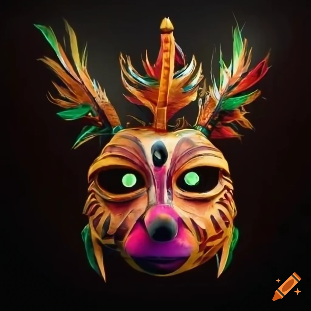 Vibrant sumarian wooden mask with feather crown and symbolic details on ...