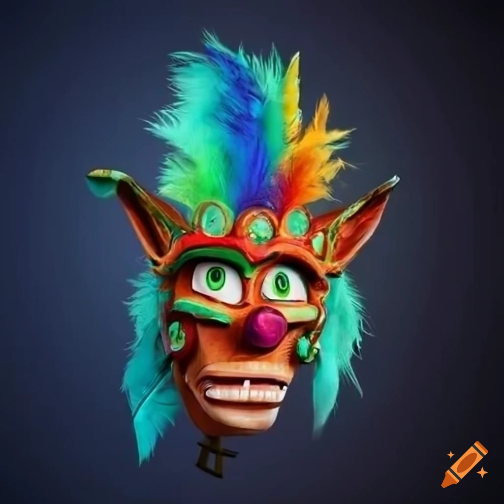 Intricately detailed Sumerian wooden mask with feather crown on Craiyon