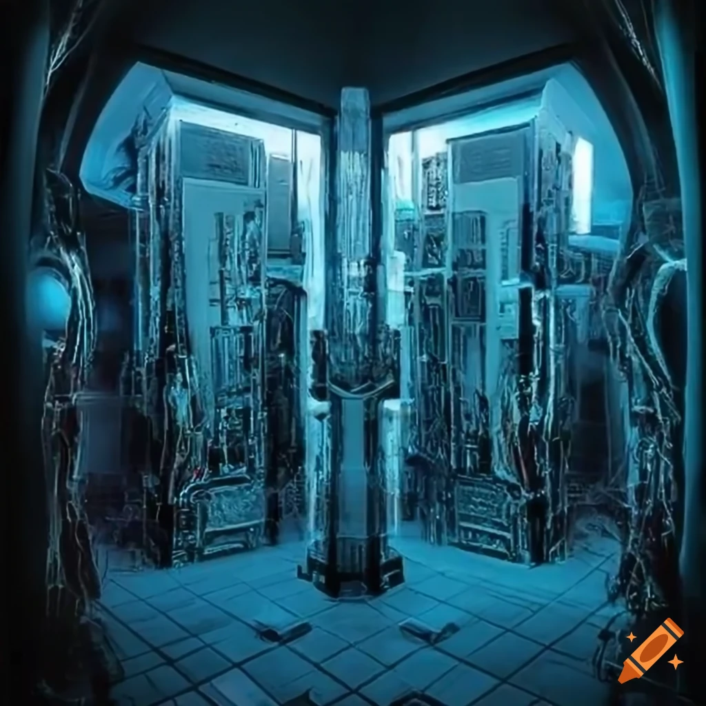 Surreal alien biomechanical mainframe in a containment room on Craiyon