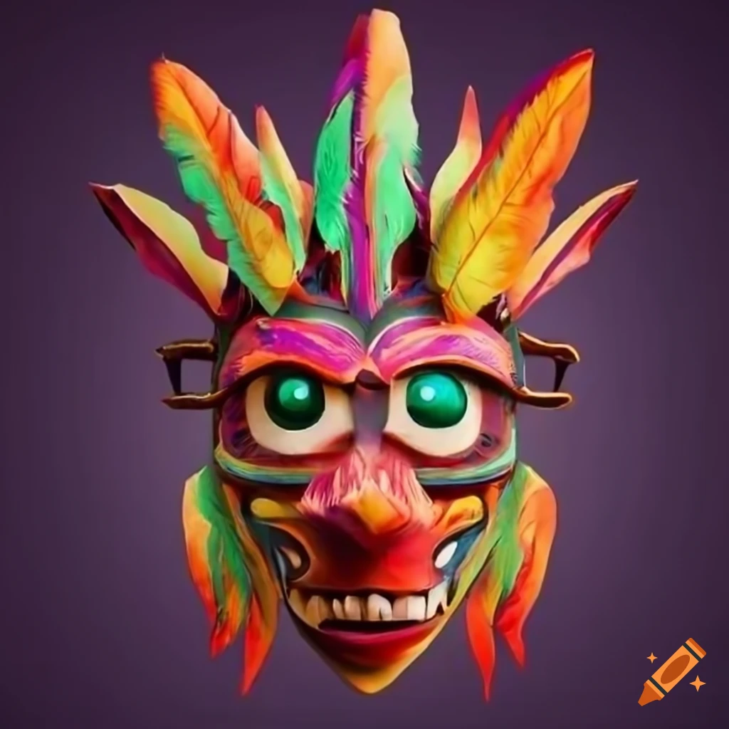 Vibrant sumarian wooden mask with feather crown and symbolic details on ...