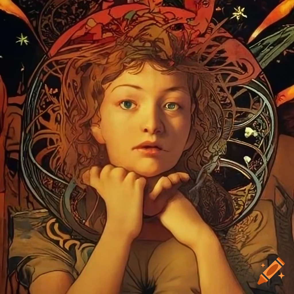 Vintage graphic novel travel poster featuring alphonse mucha, norman ...