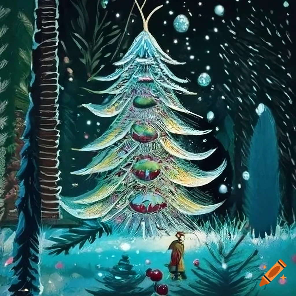 Intricate Christmas Tree made of feathers in a festive forest scene ...