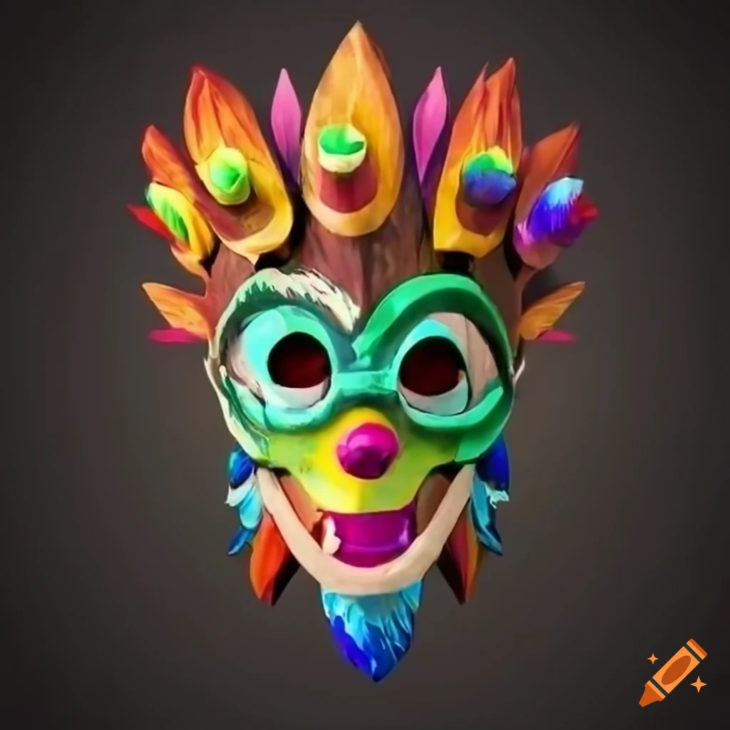 Vibrant and intricate wooden Sumarian mask with feather crown in a ...