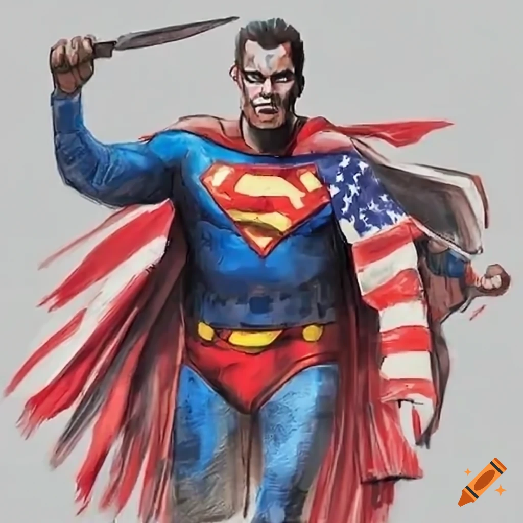 American superhero stanley anvil with flag cape on skyscraper edge wielding hammer and knife on ...