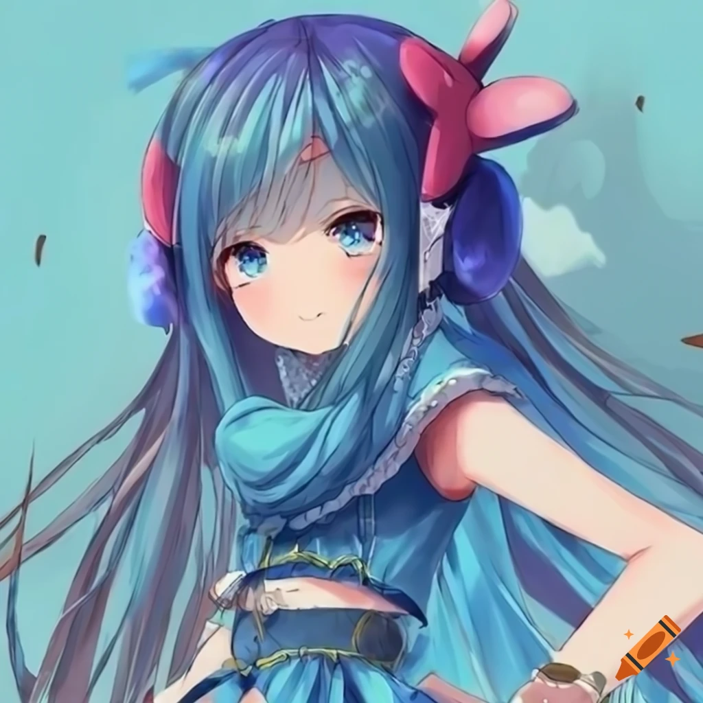 Cute anime magical girl with long blue hair and a giant hammer on Craiyon