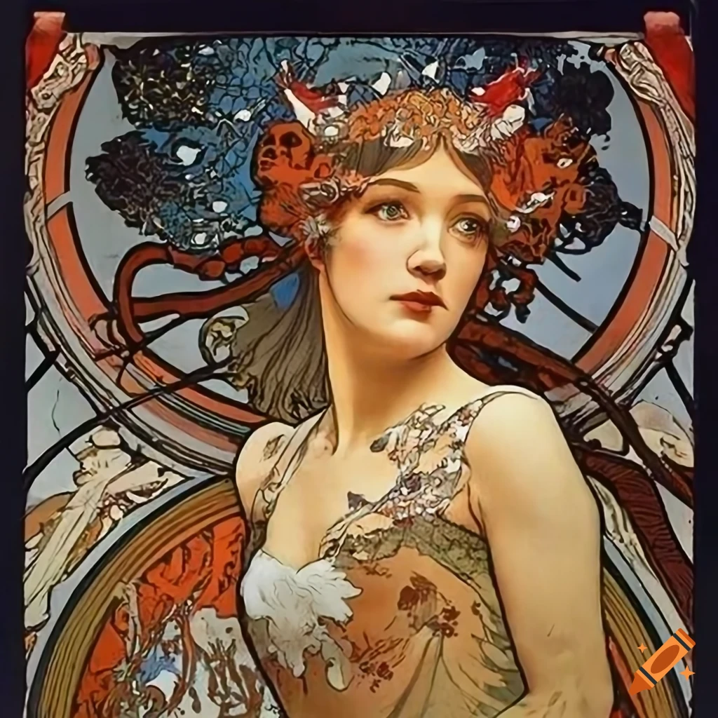Vintage graphic novel travel poster featuring alphonse mucha, norman ...