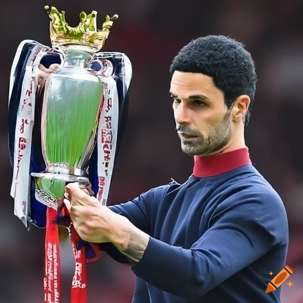 Arteta and arsenal player lifting the premier league trophy on Craiyon