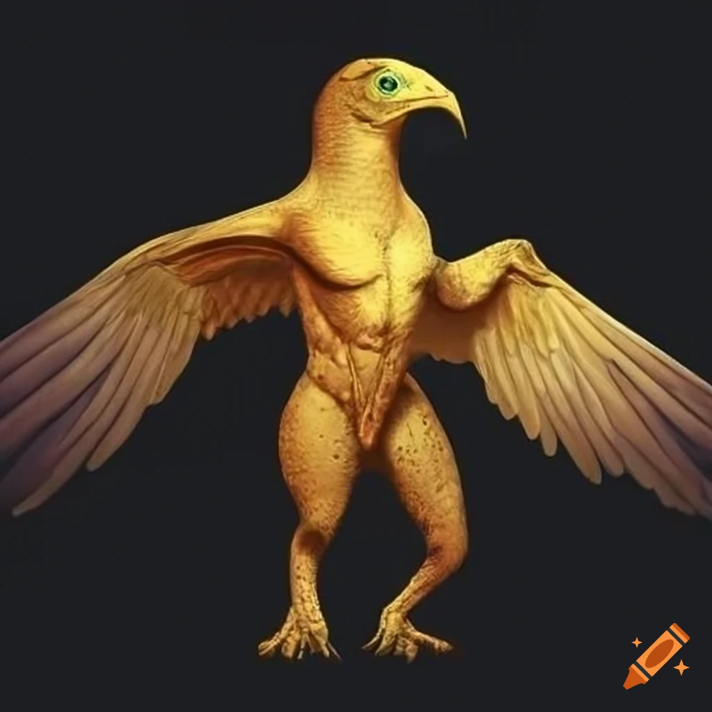 Golden-winged sphinx creature with a big beak on Craiyon