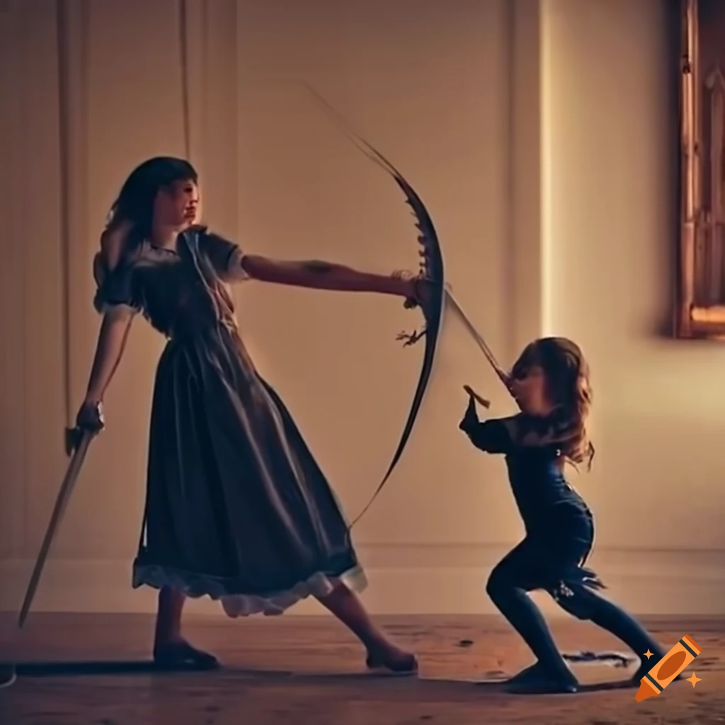 Mother sword fighting with daughters in a magnificent room on a hot ...